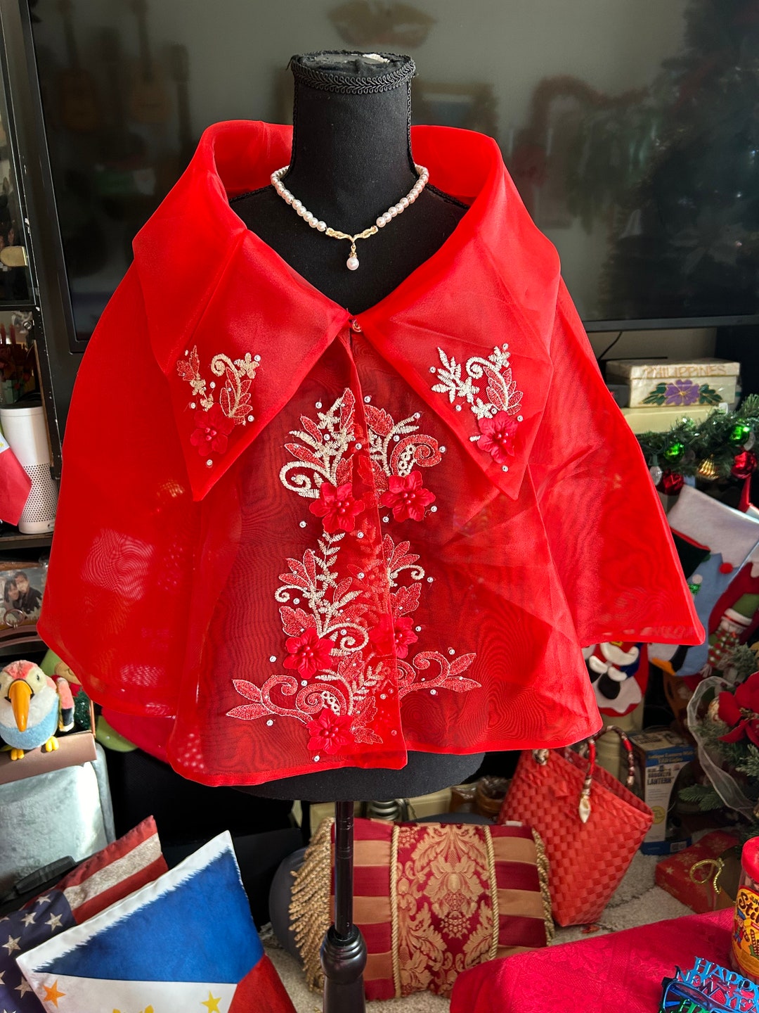 Philippines Filipino Organza Poncho Collared Filipiniana Attire ...