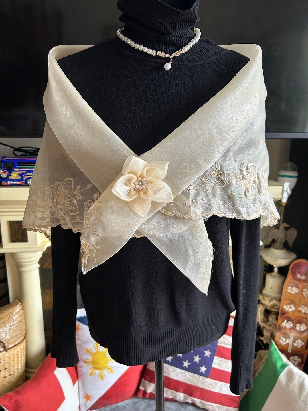 Philippines Filipino Organza Alampay Traditional Philippine Shawl Beige ...