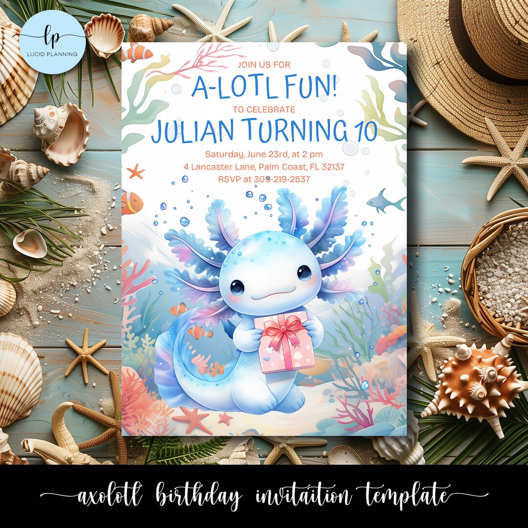 Plantilla de invitación de cumpleaños de Axolotl azul Diseño de ...