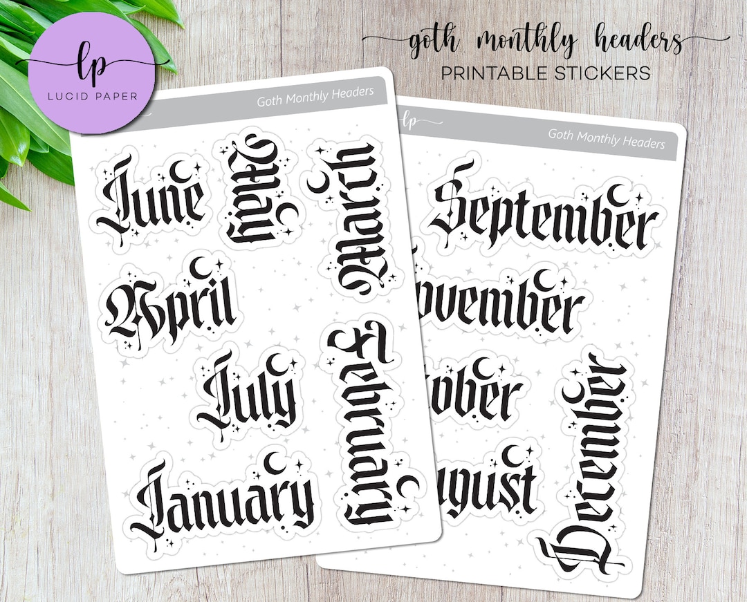 PRINTABLE Goth Monthly Headers Sticker Sheet - Gothic Script Planner ...