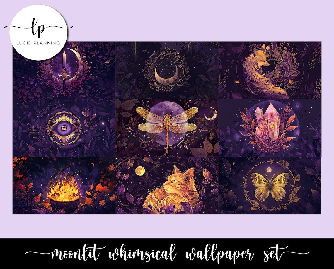 Moonlit Whimsical Wallpaper Set - 18 Gold and Purple Illustration ...