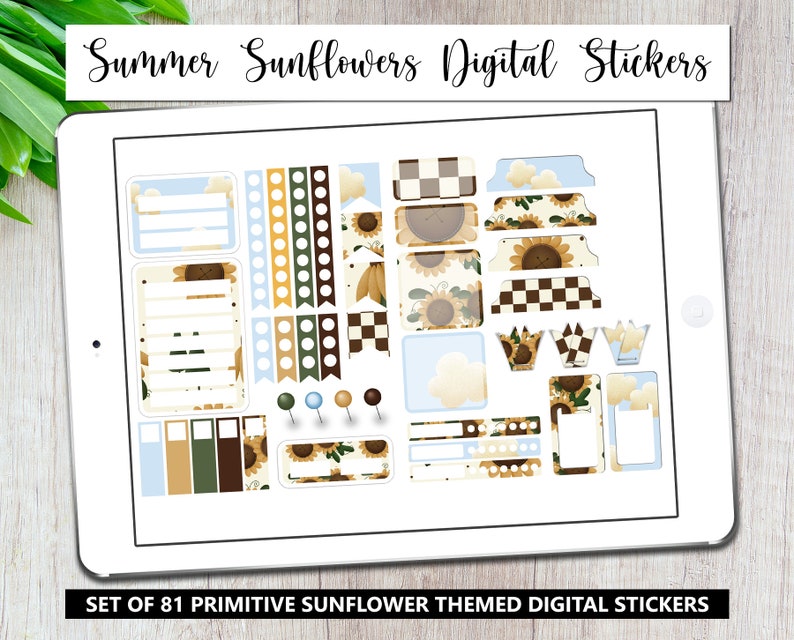 Primitive Summer Sunflowers Digital Sticker Set - Prim Themed Digital ...