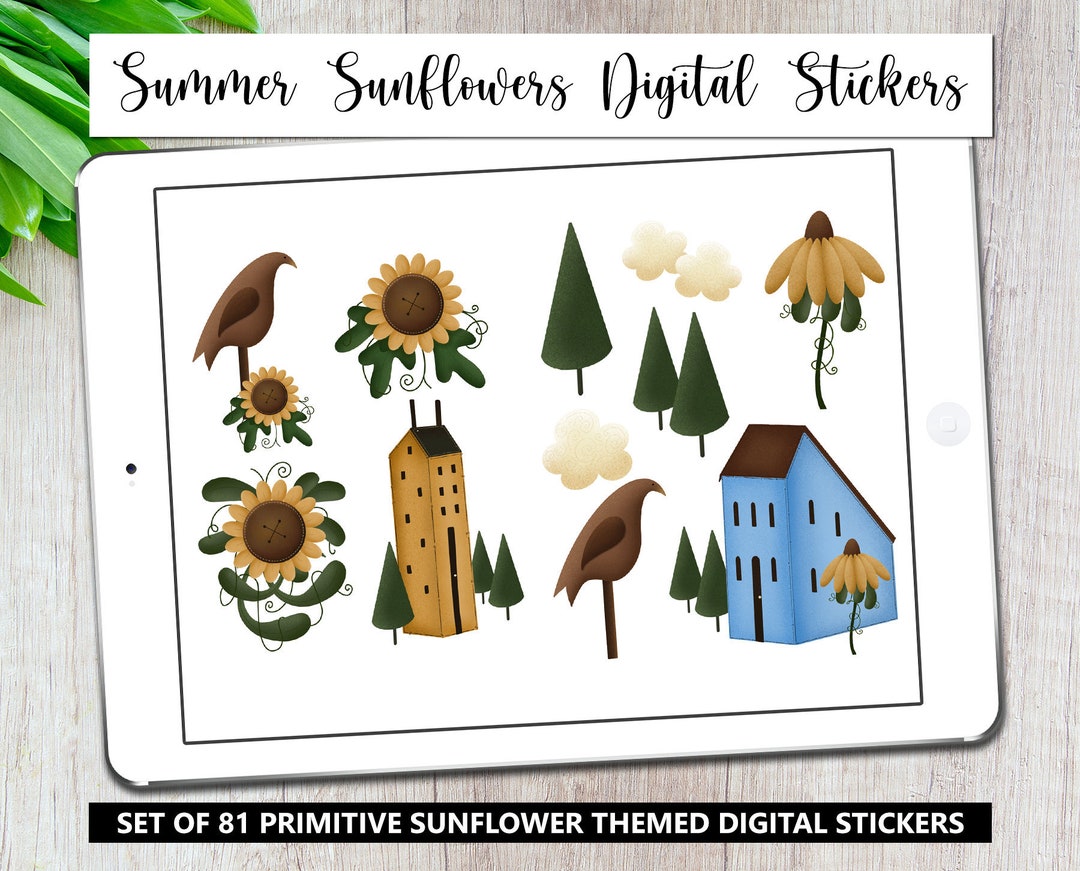Primitive Summer Sunflowers Digital Sticker Set - Prim Themed Digital ...