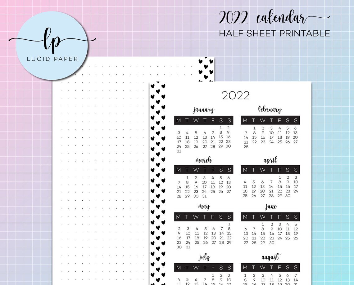 Half Sheet 2022 Yearly Calendar Happy Planner 2022 Calendar | Etsy