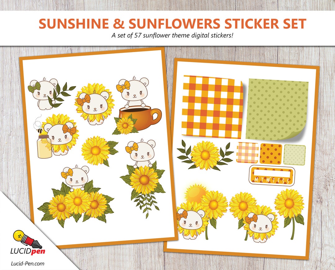 Sunshine and Sunflowers Digital Sticker Set - Sunny Sunflower Themed ...