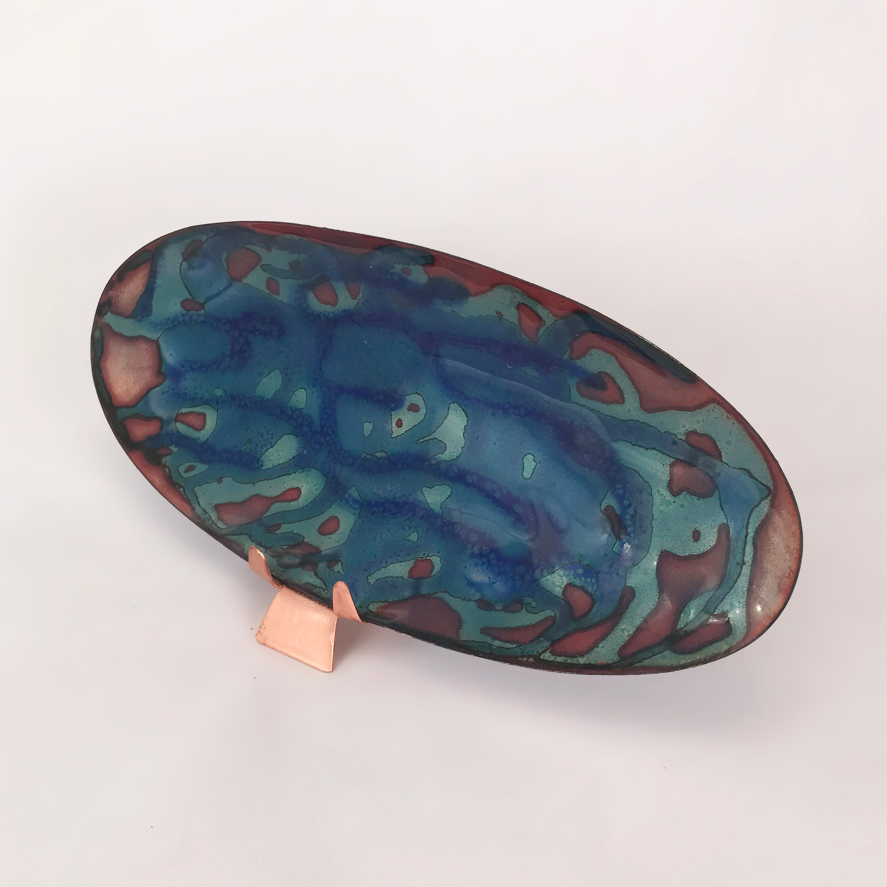 Blue on Gold Oval Enamel Tray Copper and Vitreous Enamel Art Unique ...