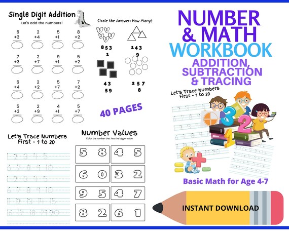Numbers and Basic Math Workbook Tracing Counting Addition & | Etsy