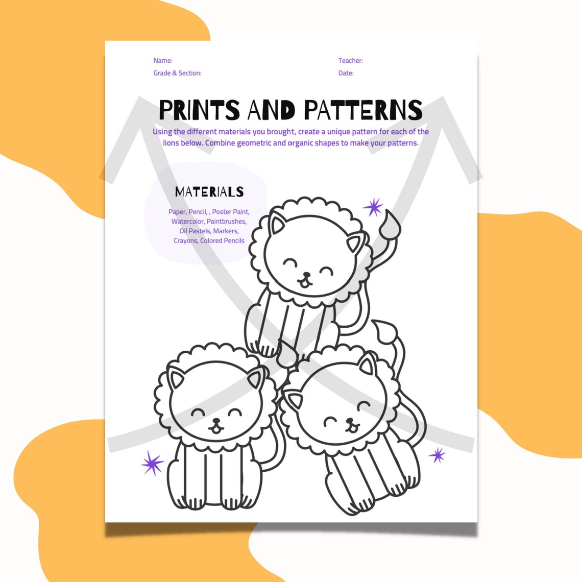 Lion Print and Pattern Worksheet Printable - Etsy