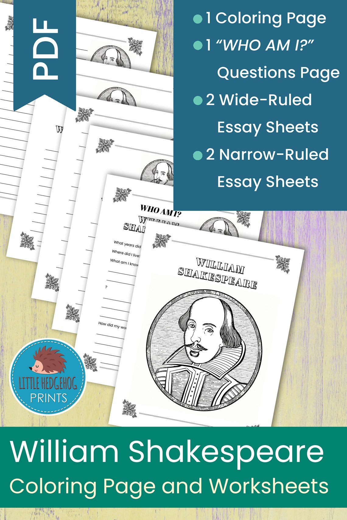 William Shakespeare Coloring Page and Worksheets - Etsy