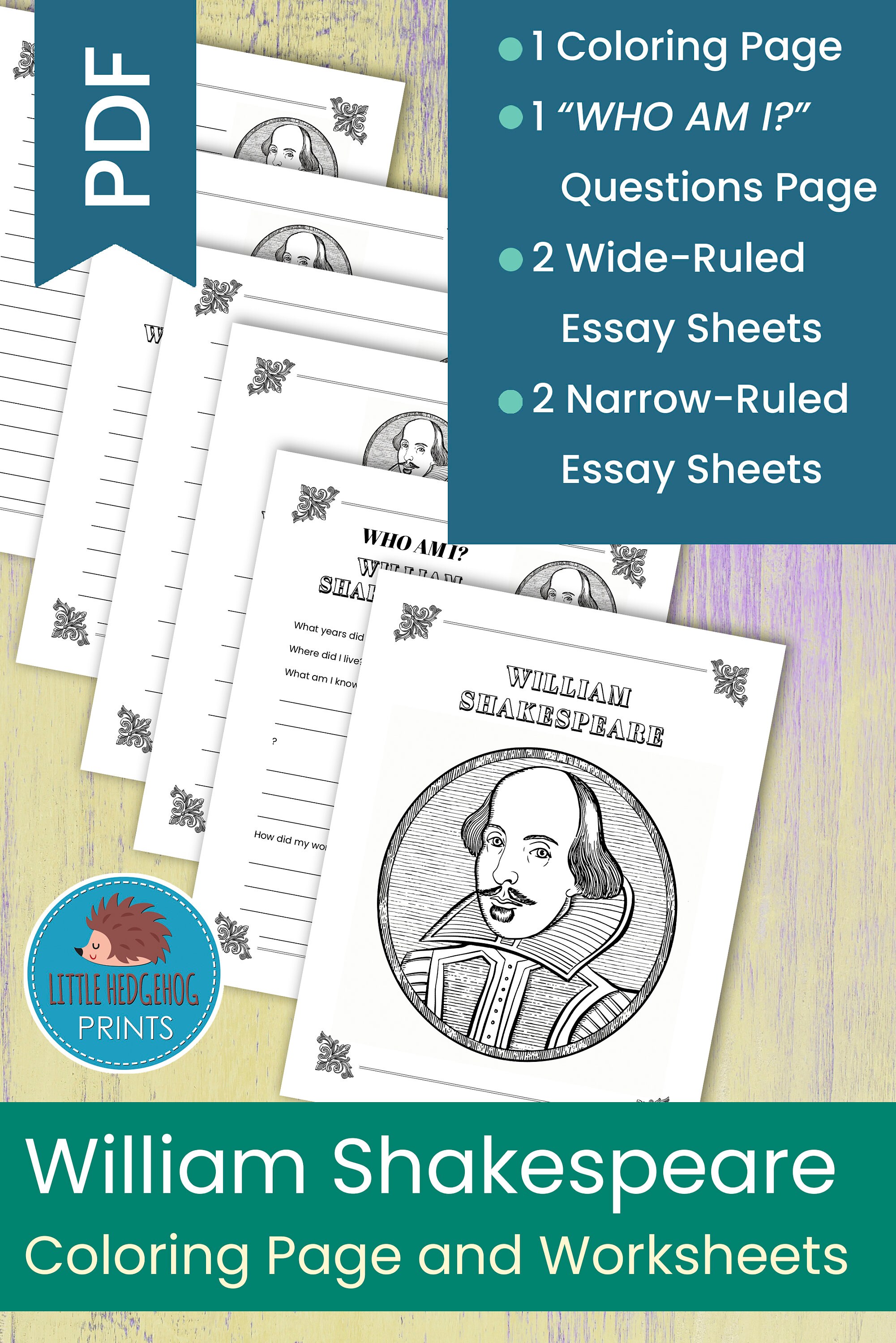 William Shakespeare Coloring Page and Worksheets - Etsy