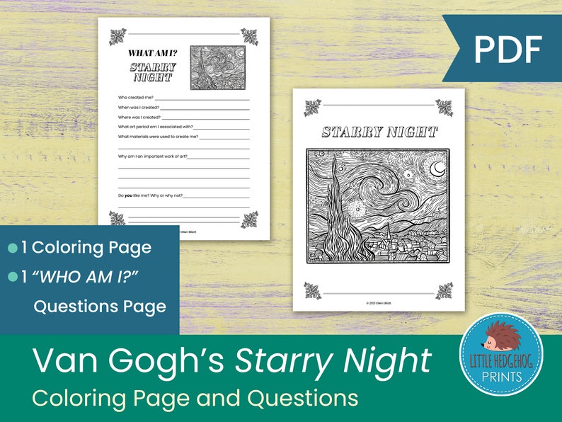 Van Gogh's Starry Night Coloring Page and Worksheets || Art History ...