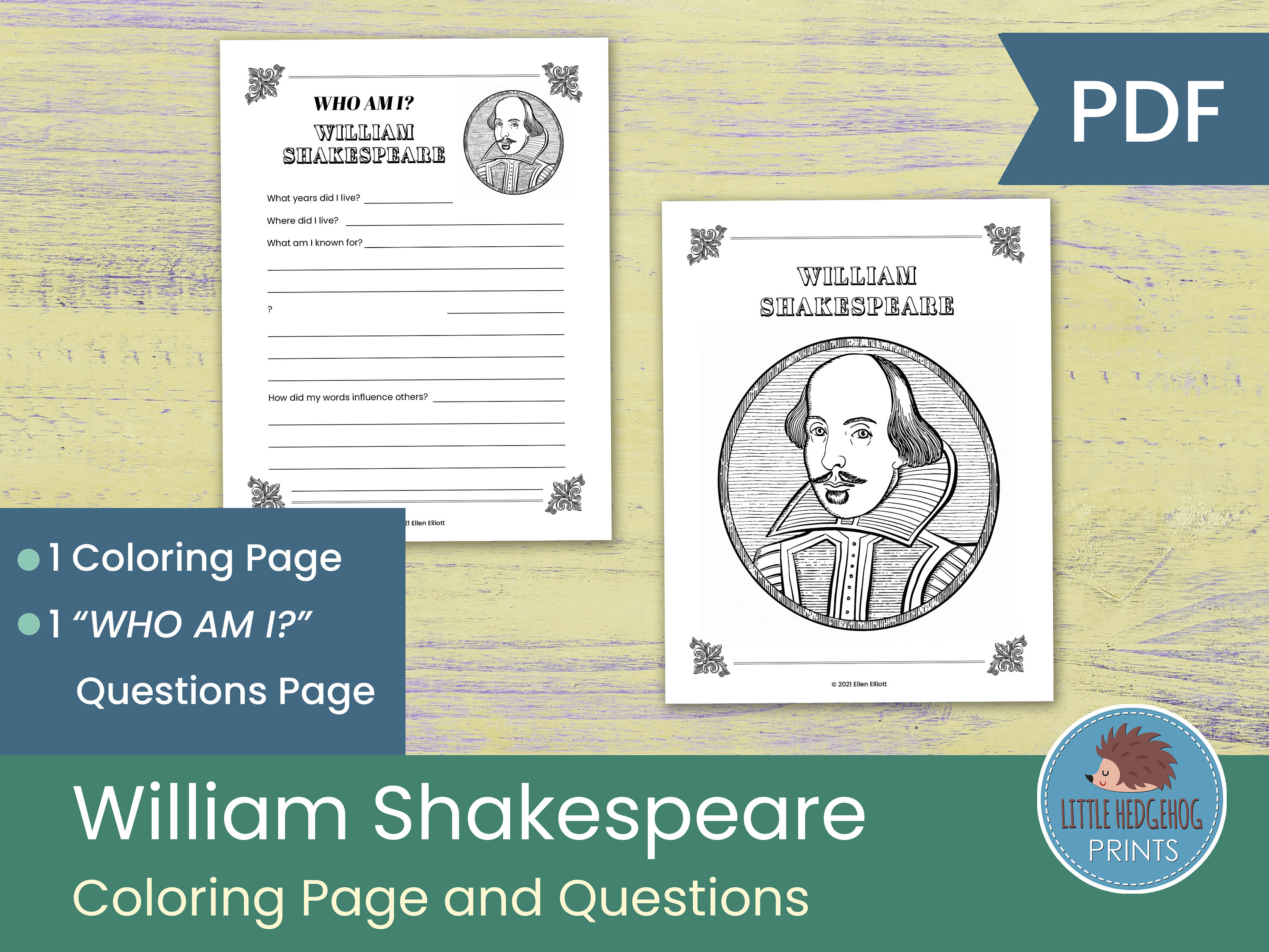 William Shakespeare Coloring Page and Worksheets - Etsy