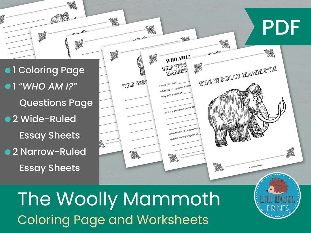The Woolly Mammoth Coloring Page and Worksheets || Earth Day Ice Age - Etsy