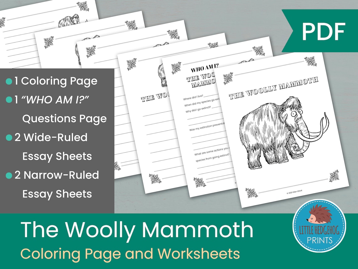 The Woolly Mammoth Coloring Page and Worksheets || Earth Day Ice Age - Etsy