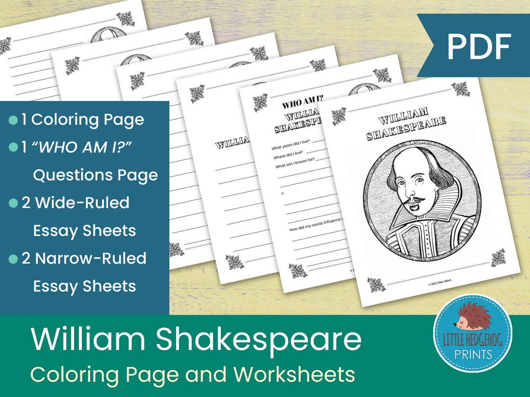 William Shakespeare Coloring Page and Worksheets - Etsy