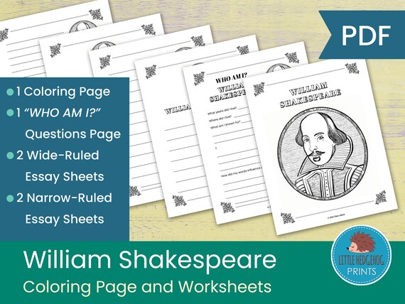 William Shakespeare Coloring Page and Worksheets - Etsy