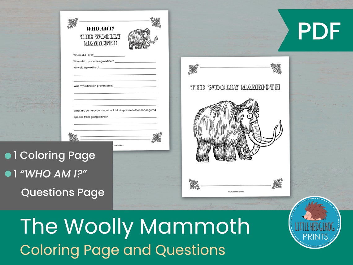 The Woolly Mammoth Coloring Page and Worksheets || Earth Day Ice Age - Etsy