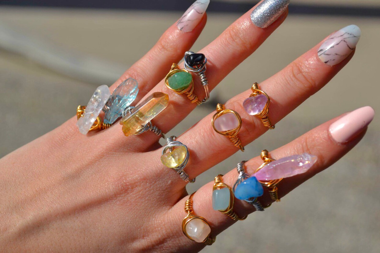 Wire Wrapped Crystal Stone Rings Size 1-15 Gold Silver | Etsy