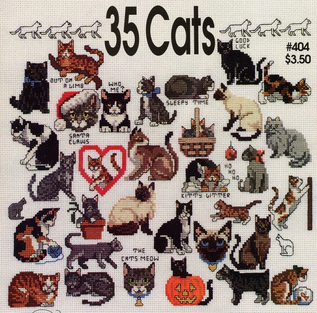Vintage 35 CATS Mini Cross Stitch Easy Embroidery Needlepoint Design ...