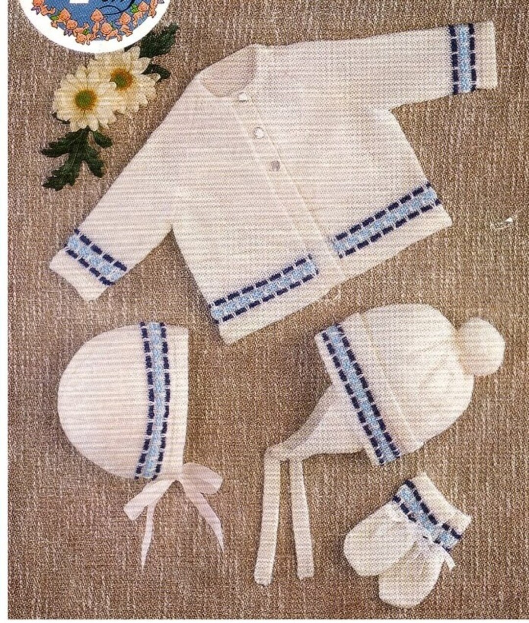 Vintage 4ply Baby Pram Set Jacket Bonnet Helmet Mittens Knitting ...