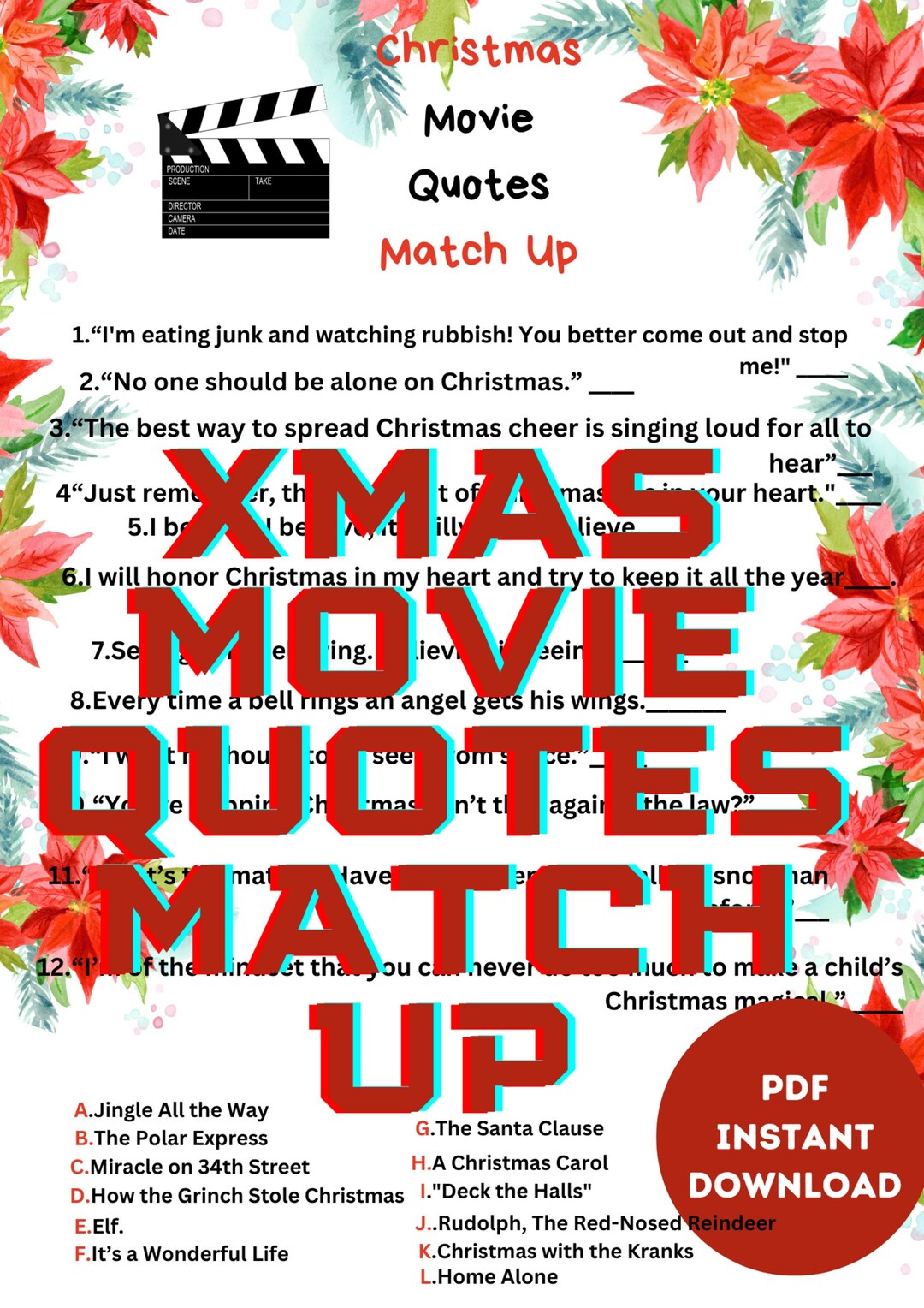 FUN XMAS Movie Match UP Game Printable Christmas Game Christmas ...
