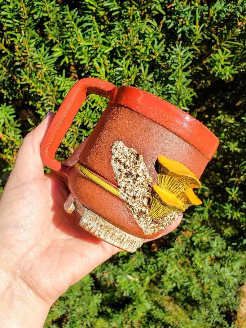 Yellow Chanterelle Mushroom Red Clay Mug, Colorful Mushroom Coffee Mug ...