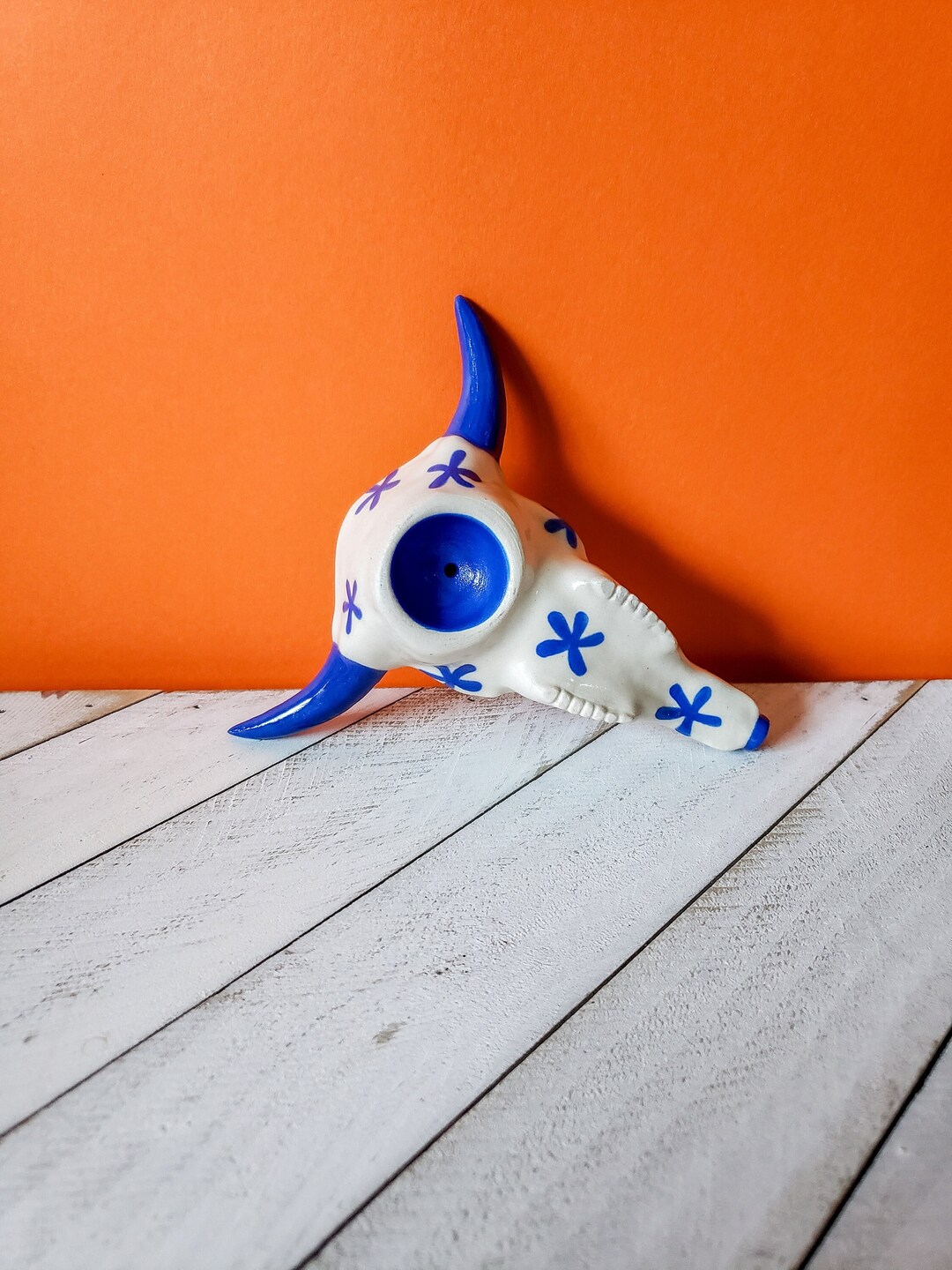Handmade Blue Flower Bull Head Smoking Pipe, Ceramic Longhorn Blue ...