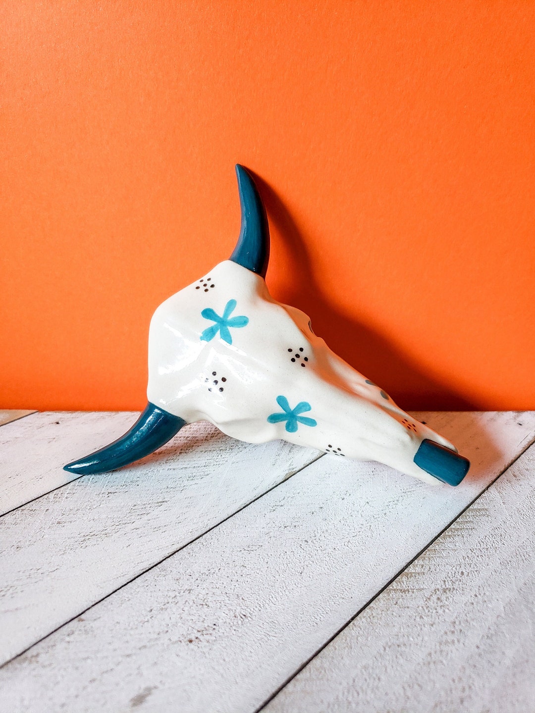 Longhorn Cow Bull Head Smoking Pipe, Teal Flower Handmade Ceramic ...