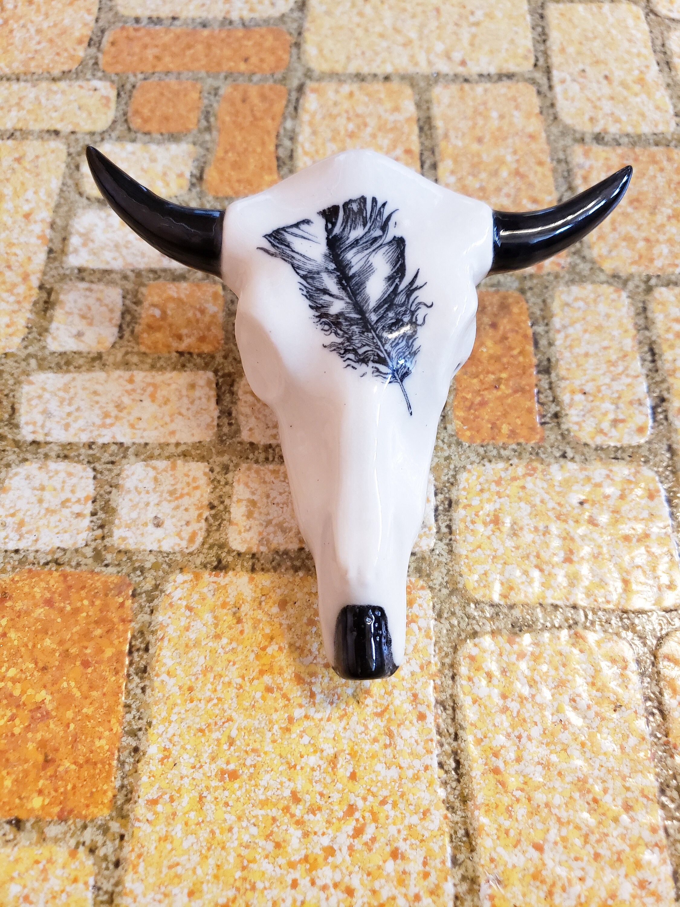 Handmade Black and White Feather Bull Head Longhorn Ceramic Pipe ...