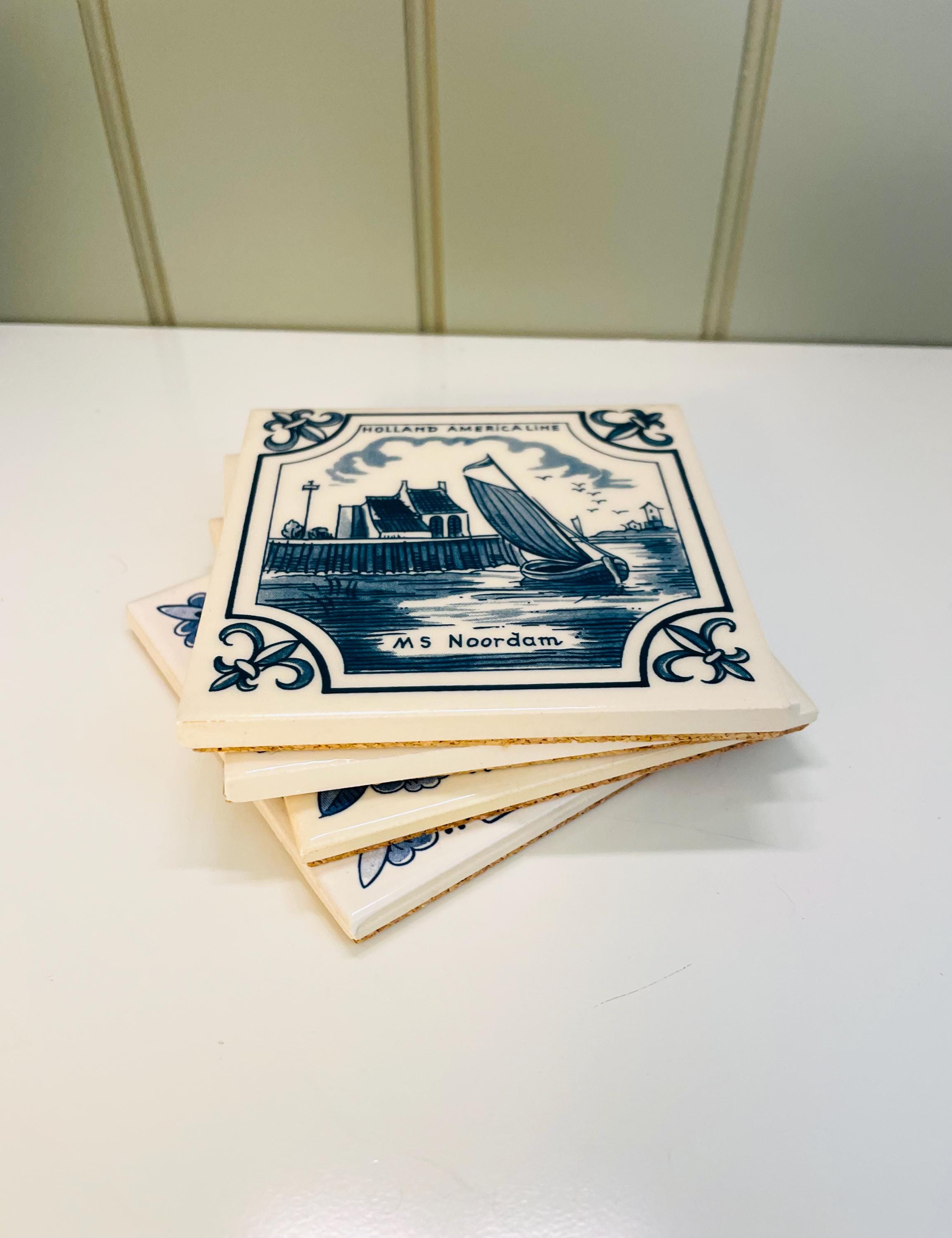 Vintage Holland America Cruise Ship Set of Four Delft Blue Ceramic Tile ...