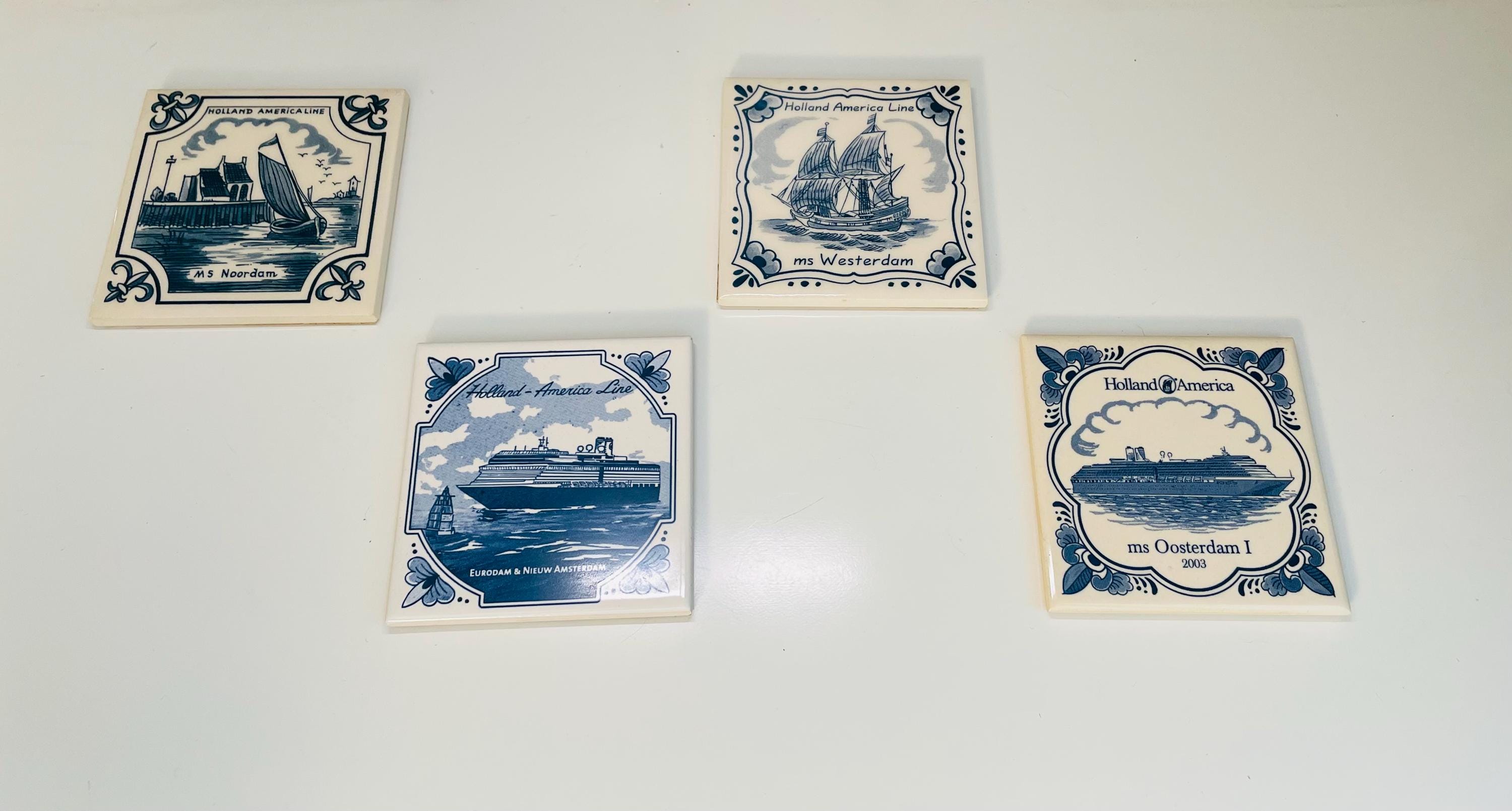 Vintage Holland America Cruise Ship Set of Four Delft Blue Ceramic Tile ...