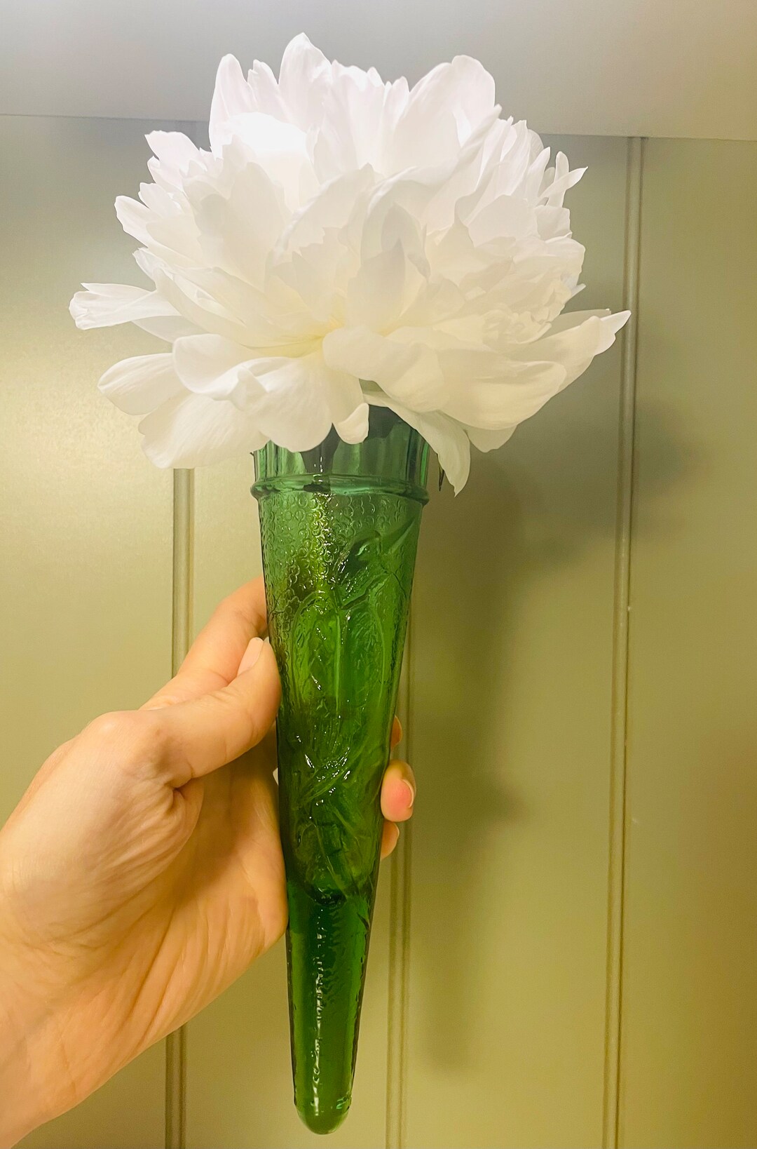 Vintage Rare Dugan Green Depression Glass Deco Wall Pocket Vase With ...