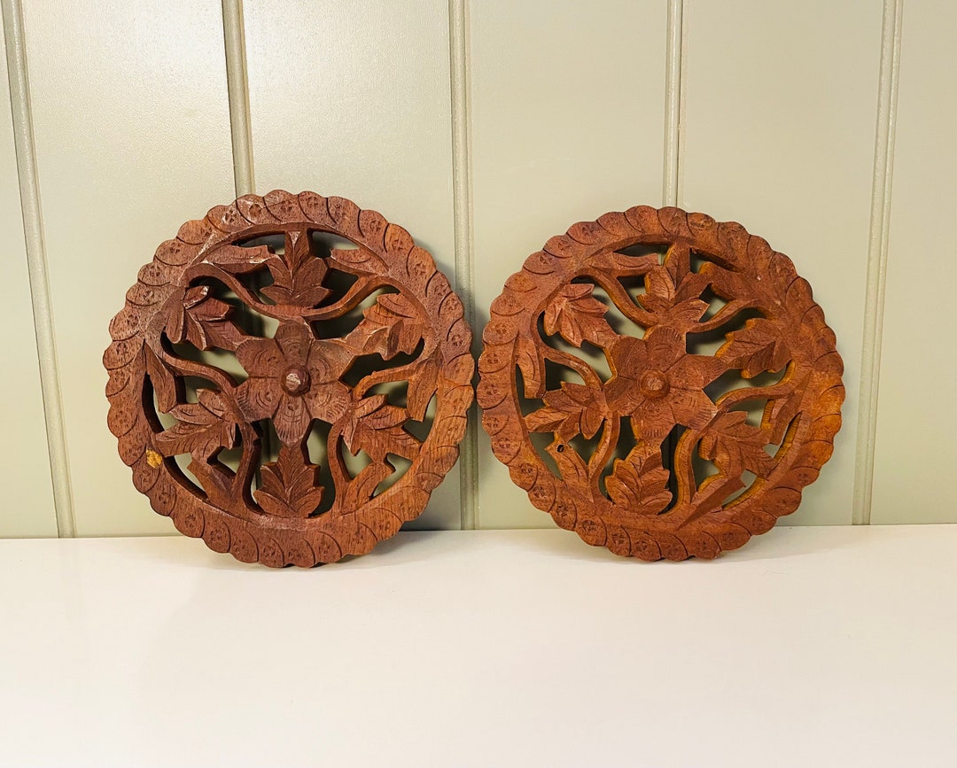 Vintage Set of 2 Wooden Hand Carved Floral Trivets. Made in India. Boho ...