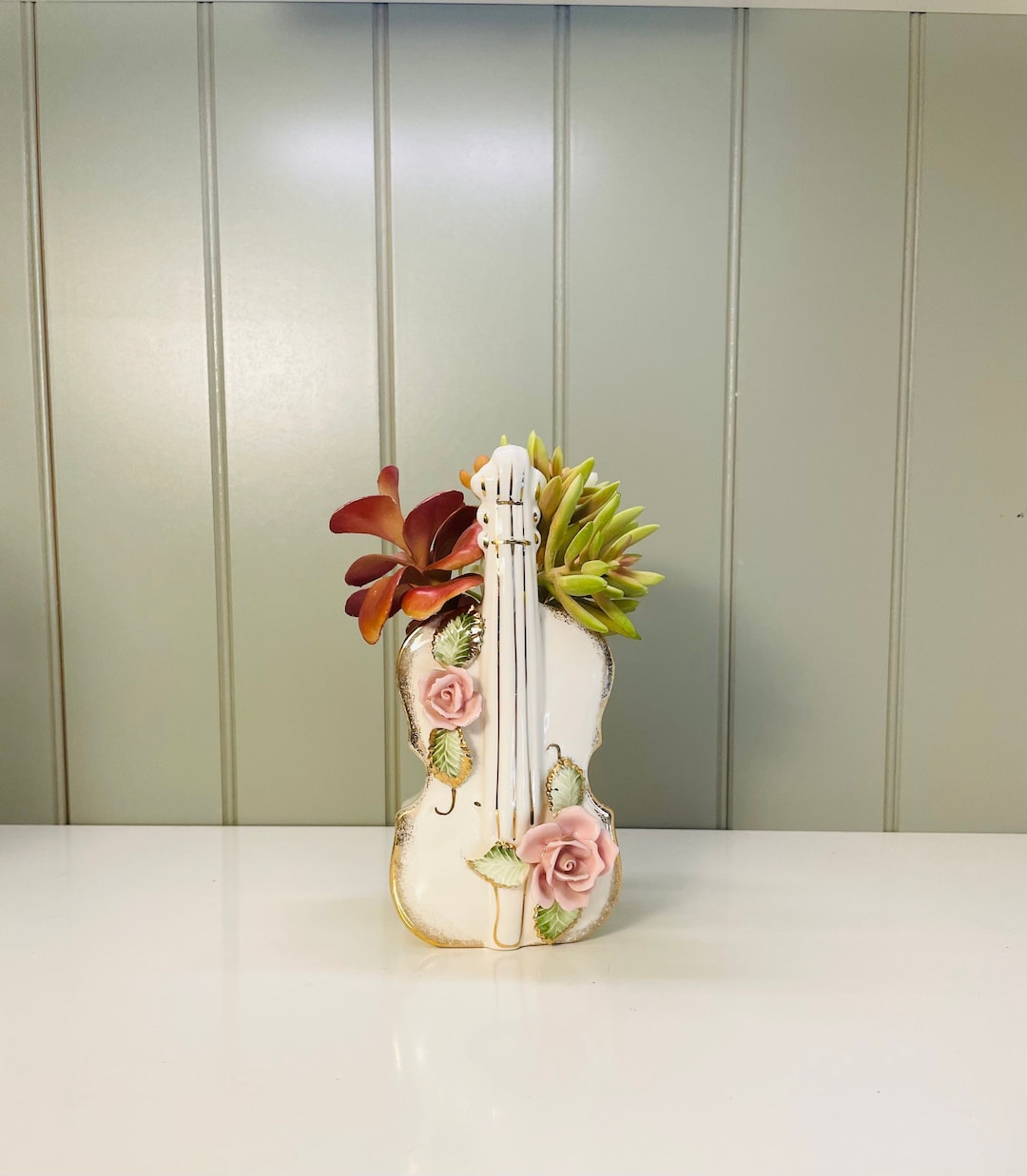 Vintage Ceramic Violin 7 Shaped Vase/wall Pocket With Pink Roses ...