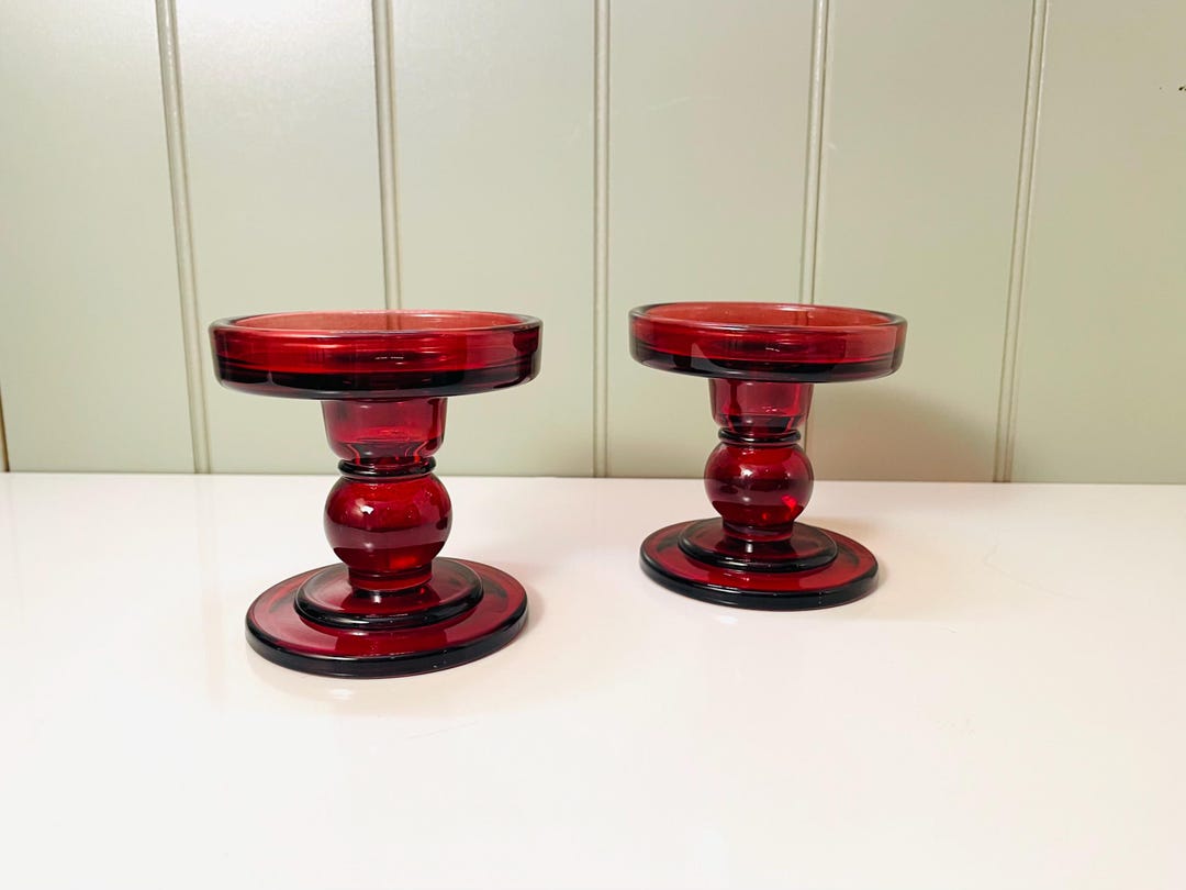 Vintage Set of Two Ruby Red Glass Candle Holders. Fits Tapered ...