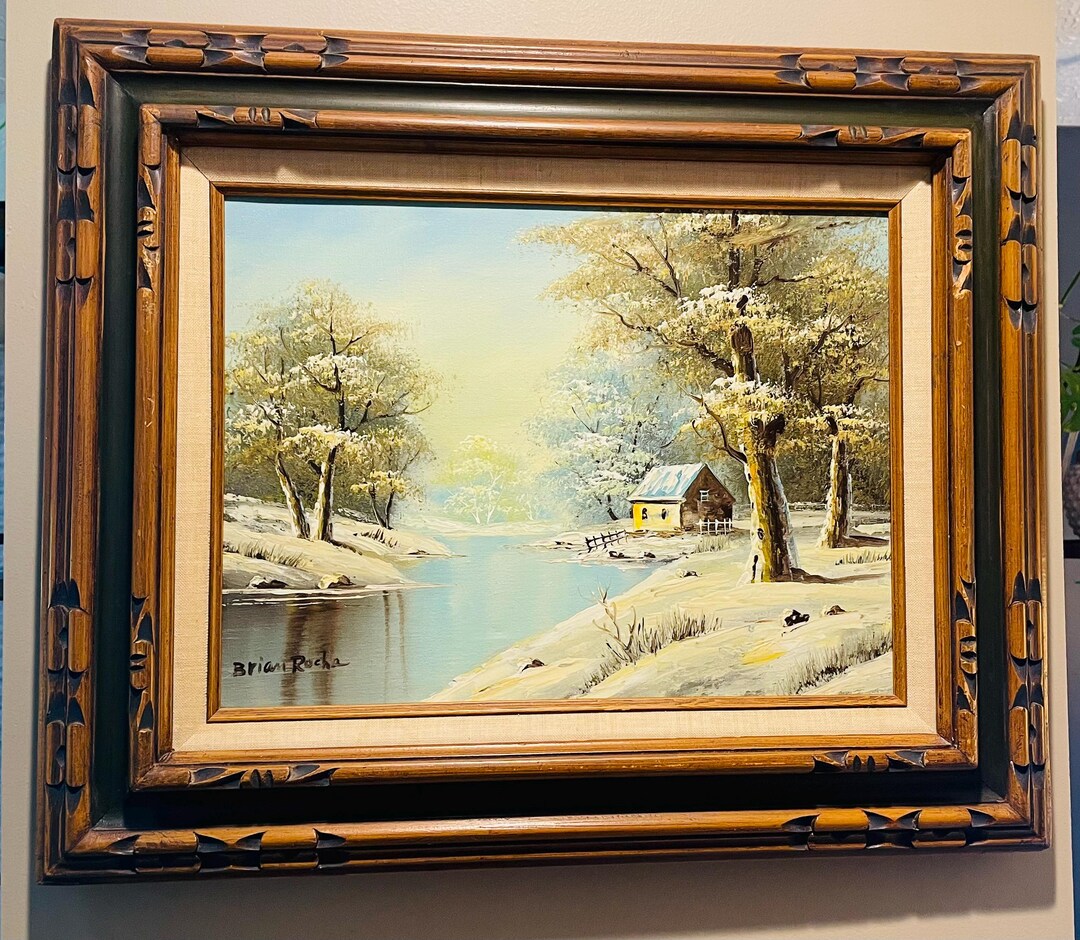 Vintage Brian Roche Winter Scene Oil Painting in Carved Wooden Frame ...