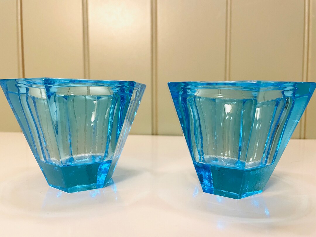 Vintage Set of Two Hexagonal Turquoise Blue Glass Votive Holders ...