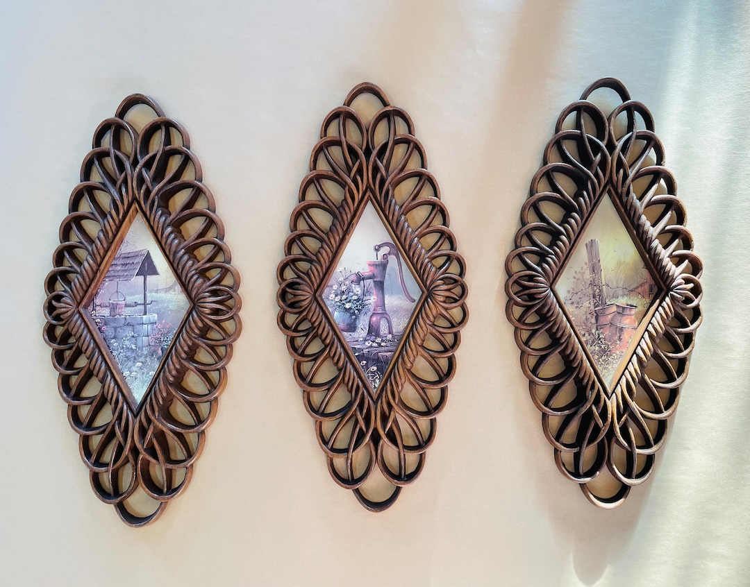Vintage Set of 3 Syroco Faux Wood Grain/rattan Diamond Shaped Wall ...