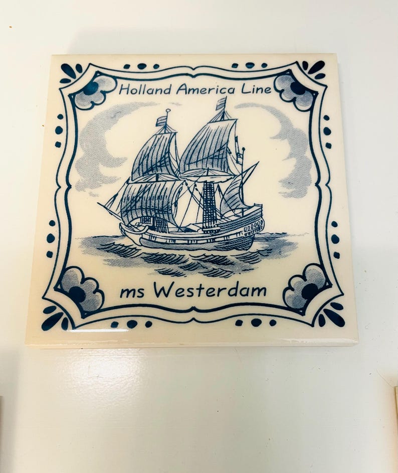 Vintage Holland America Cruise Ship Set of Four Delft Blue Ceramic Tile ...