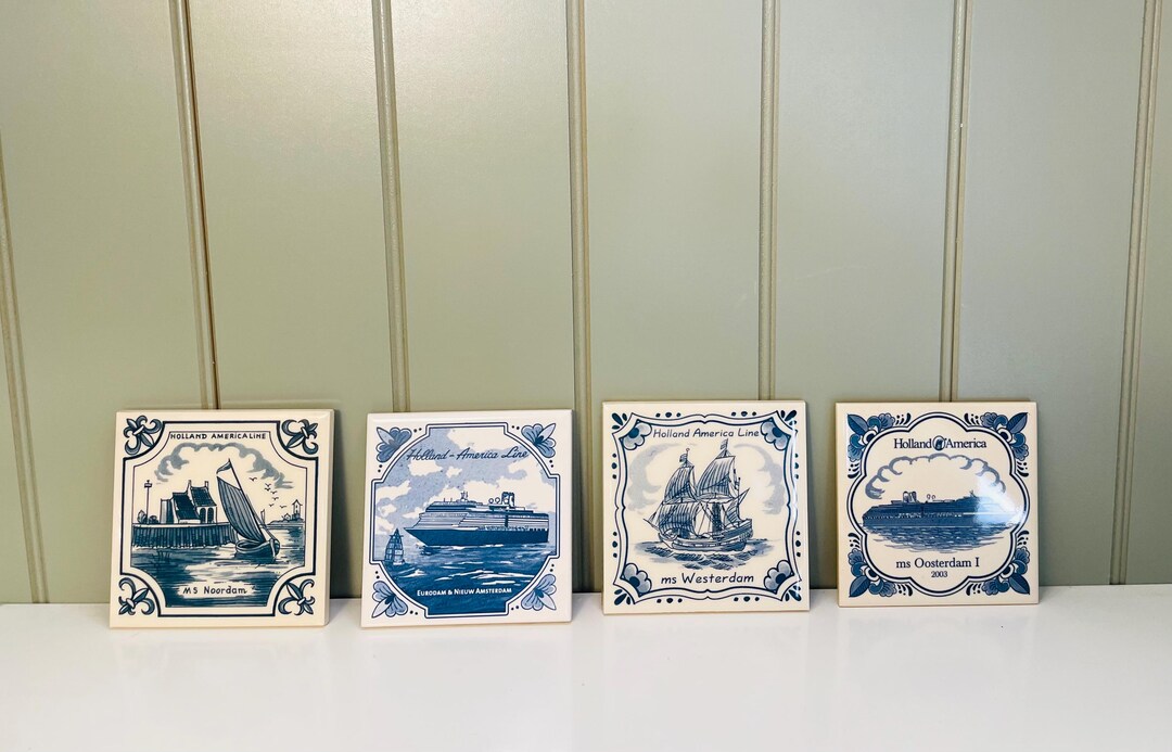 Vintage Holland America Cruise Ship Set of Four Delft Blue Ceramic Tile ...
