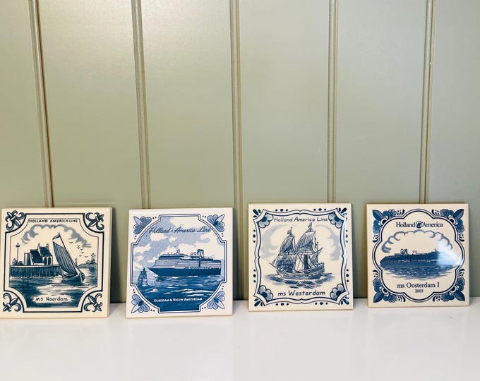 Vintage Holland America Cruise Ship Set of Four Delft Blue Ceramic Tile ...