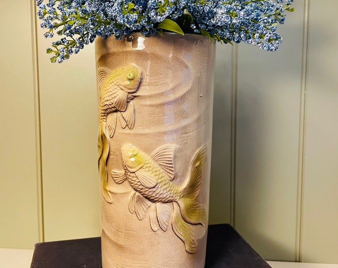 VTG Royal Copley Ceramic Floral Vase Koi Fish Green/brown Signed Water ...