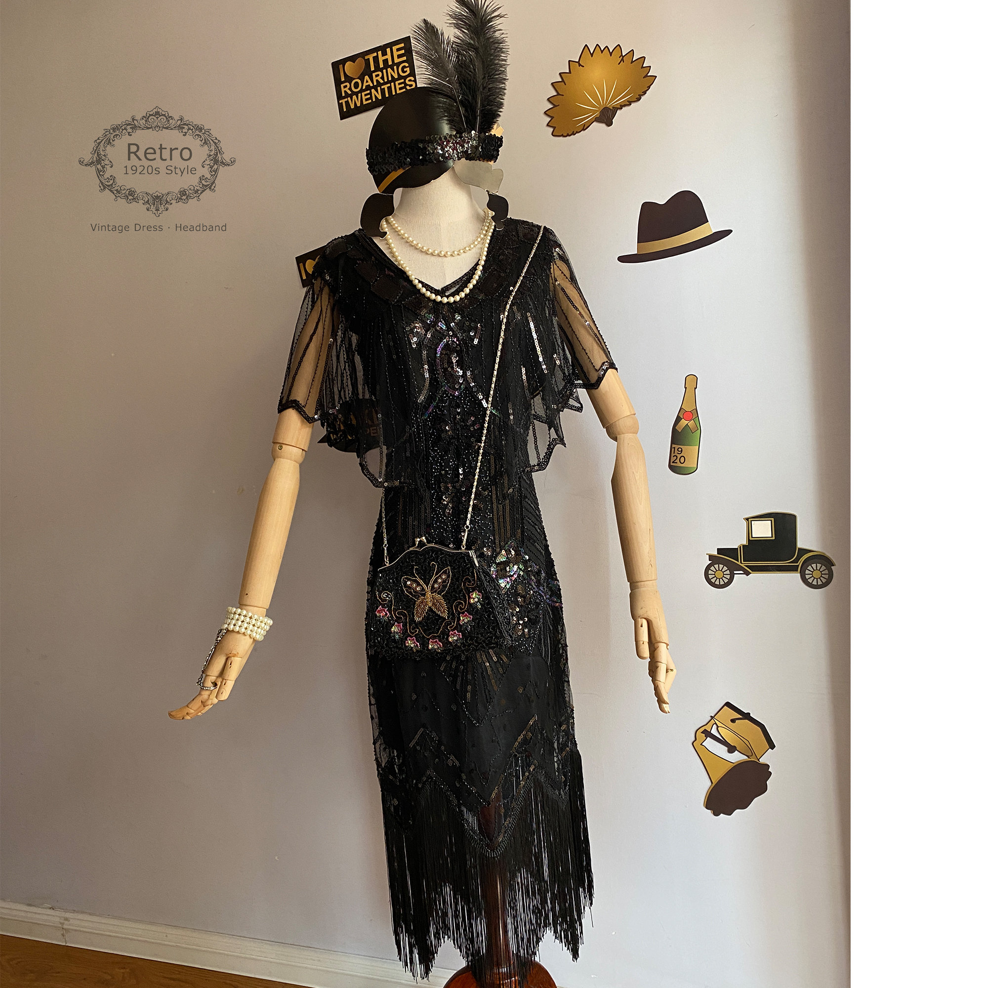 3PC Black Roaring 20s Deco Flapper Gatsby Fringed - Etsy
