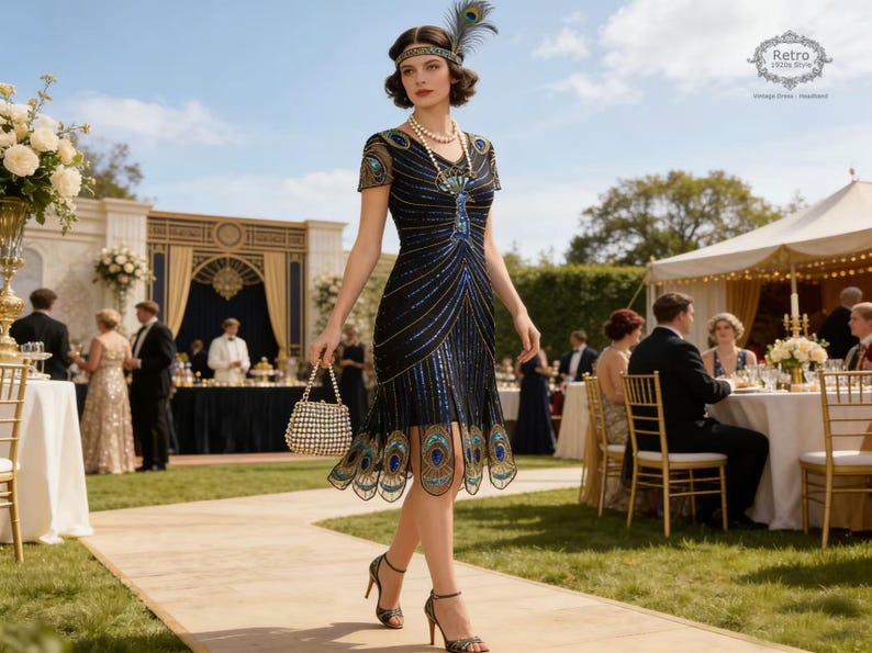1920s Gatsby Flapper Dress: Beaded Sequin Charleston Gown With Necklace ...