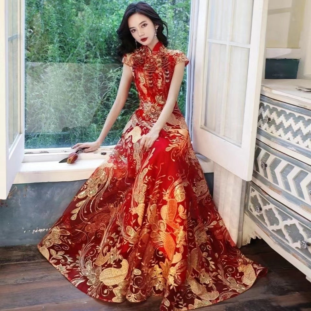 Red Gold Qipao Wedding Dress,,sequins Bridal Dress,bridal Gown,chinese ...