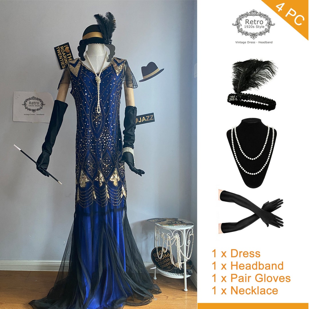 4PC Formal Evening Long Flapper Dress 1920s Gatsby Charleston Downton ...