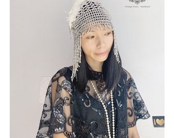 1920s Style FULLY Beaded Silver Fringe FLAPPER Head Cap Skull Headpiece ...
