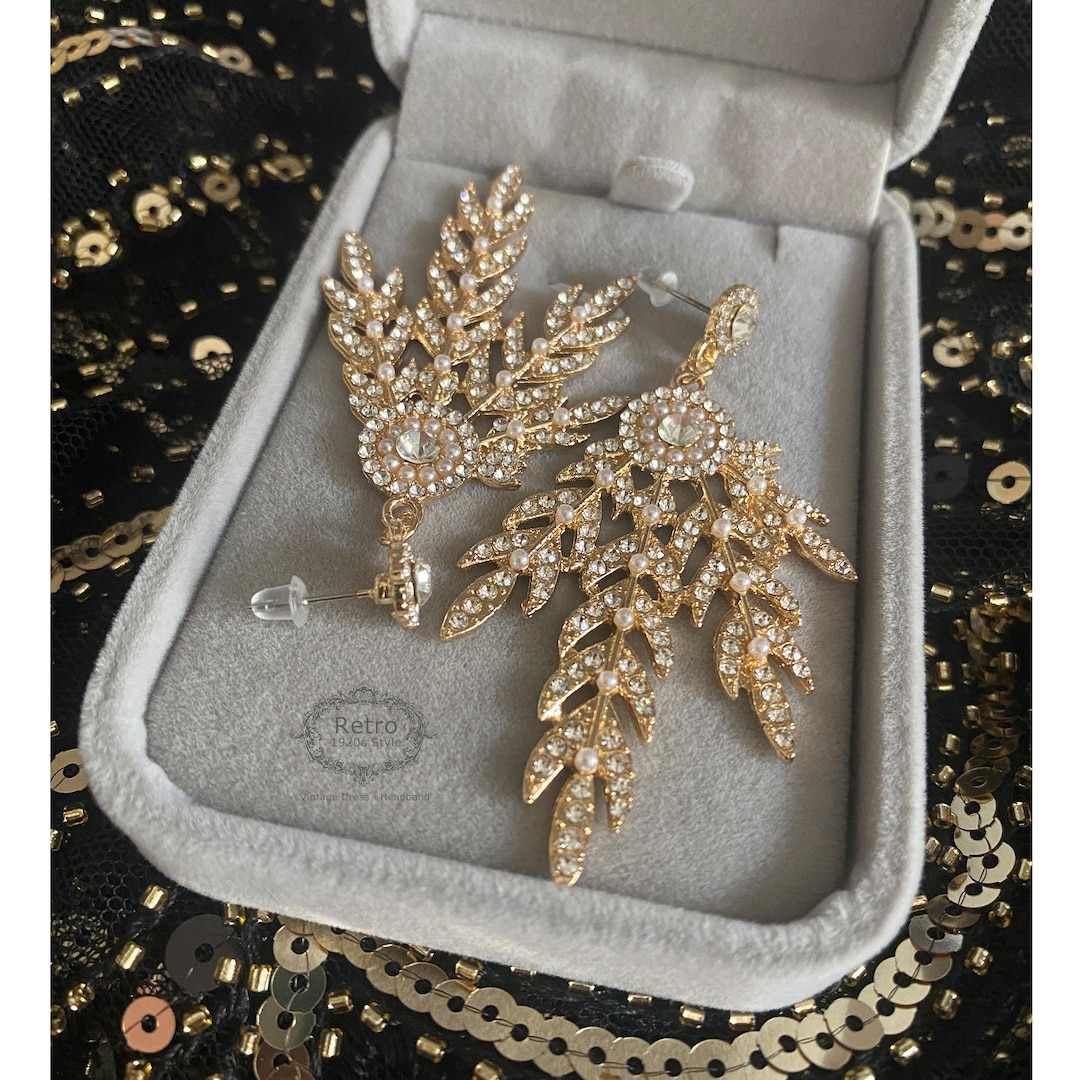 Gold 1920s Flapper Art Deco Gatsby Leaf Earrings 20s Flapper Gatsby ...