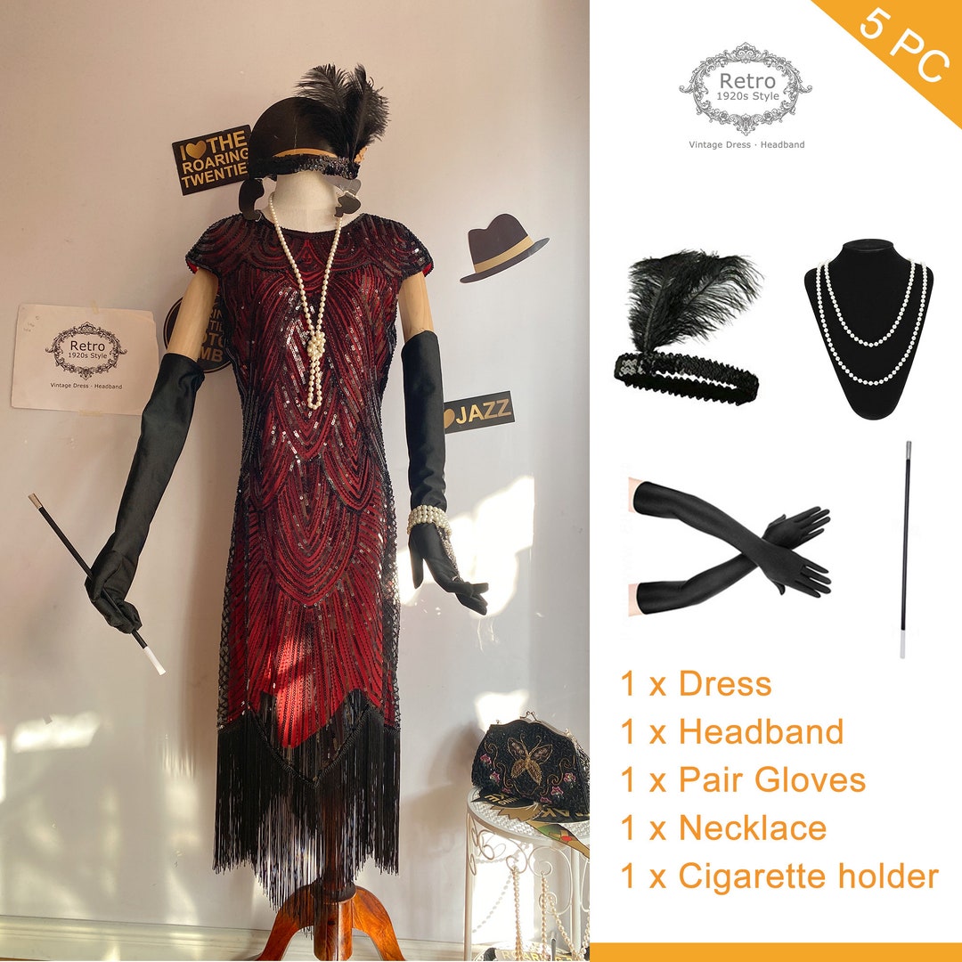 Black Red 1920s Art Deco Fringed Sequin Dress Flapper Gatsby Costume ...
