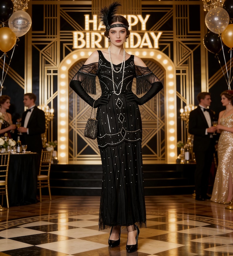 1920s Beaded Fringed Sequin Dress, Art Deco Flapper Gown, Gatsby ...